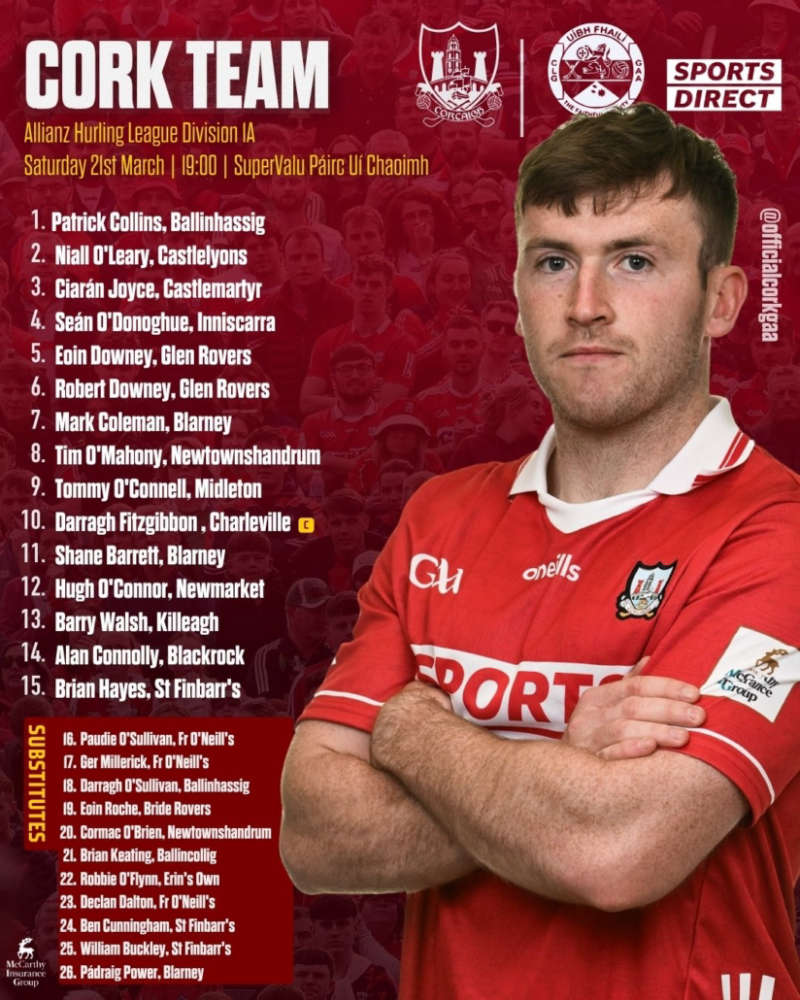 Cork hurling team to take on Offaly is named - C103