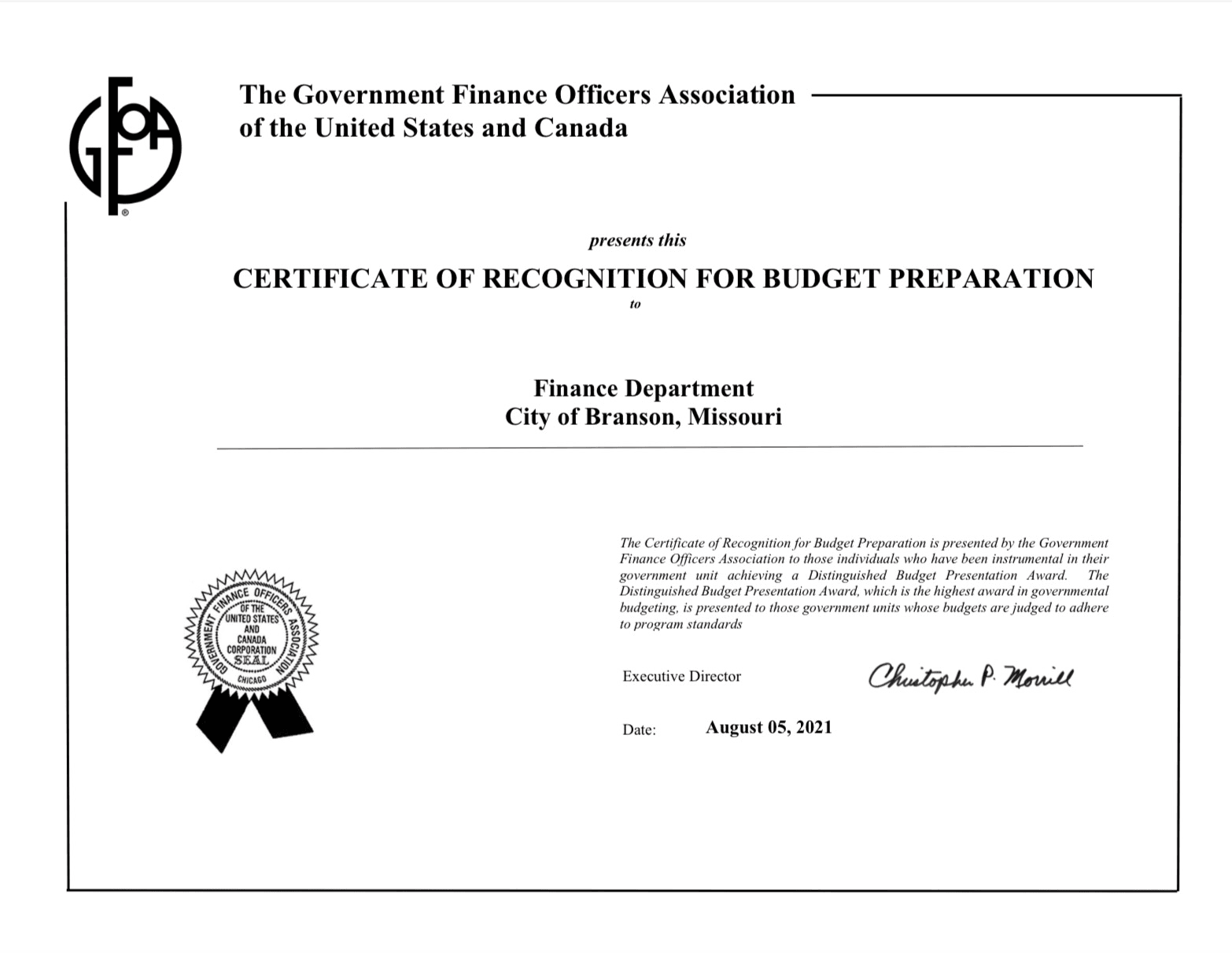 Branson Receives Budget Award My 100 1 KOMC